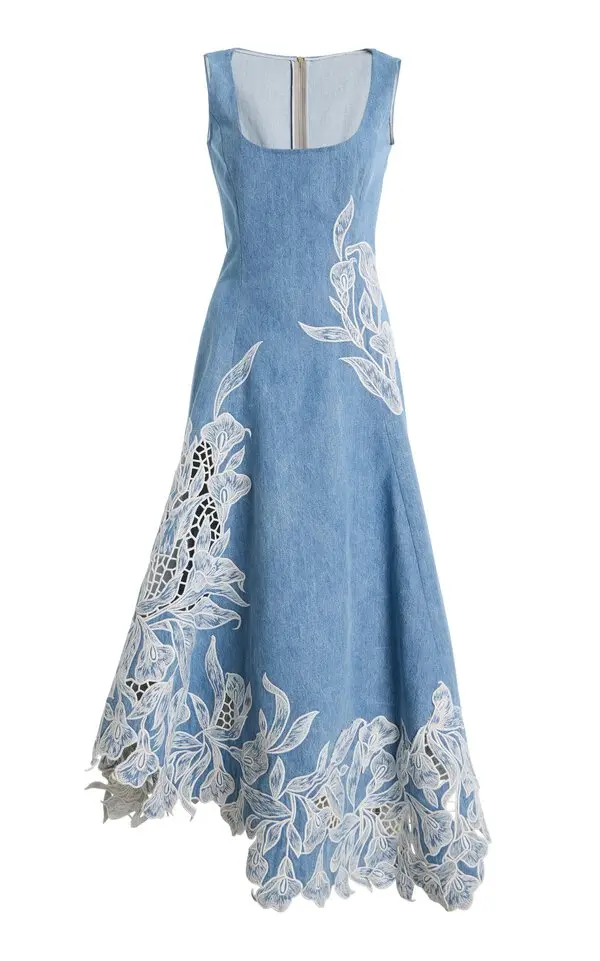 Oscar De La Renta Embroidered Denim Midi Dress - Blue