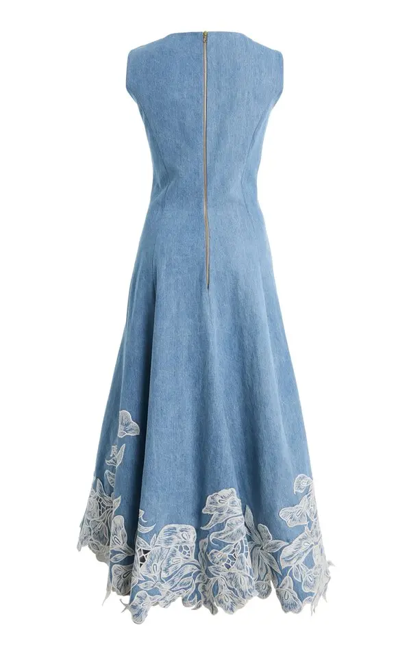 Oscar De La Renta Embroidered Denim Midi Dress