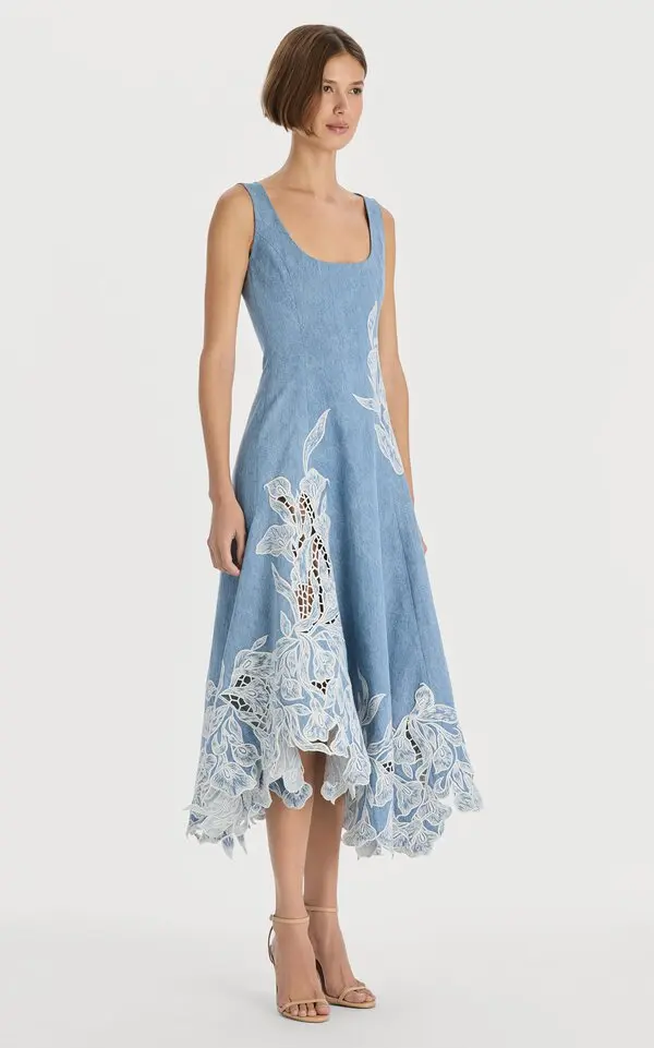 Oscar De La Renta Embroidered Denim Midi Dress