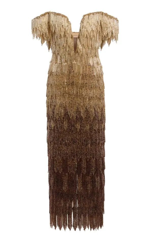 Oscar De La Renta Bead-fringed Maxi Dress - Gold