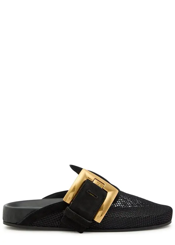 Balmain Oversized Buckle Suede Mules - Black