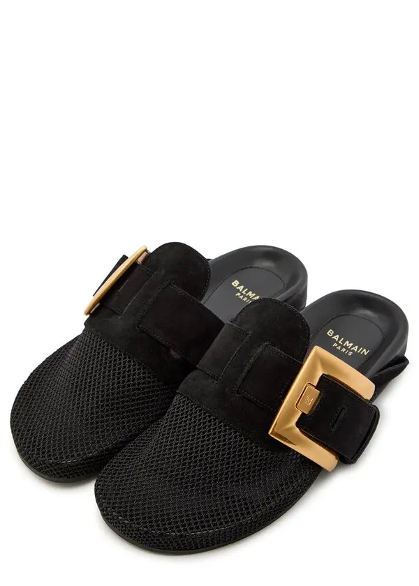 Balmain Oversized Buckle Suede Mules - Black