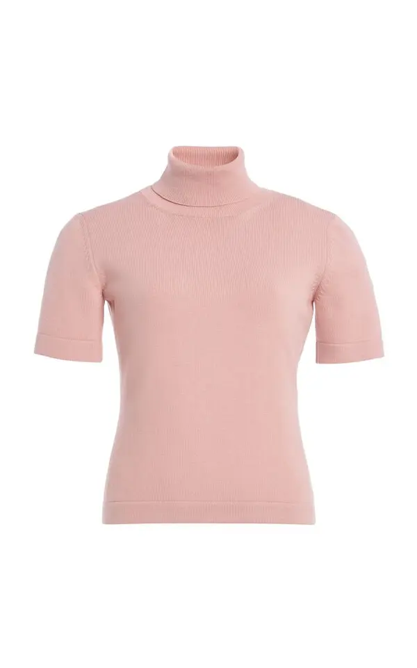 Oscar De La Renta Short Sleeve Wool Turtleneck Top - Pink