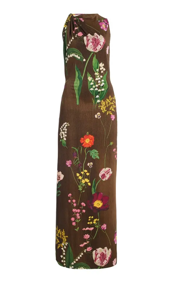 Oscar De La Renta Botanical Milano-jersey Maxi Dress - Brown