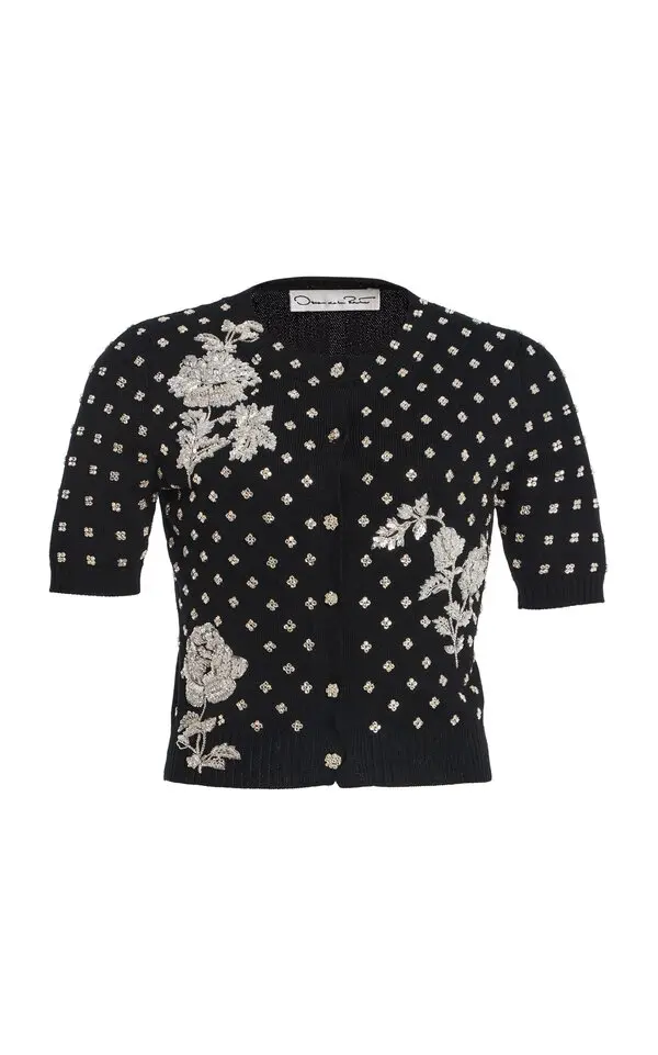 Oscar De La Renta Floral Crystal-embroidered Wool Cardigan - Black
