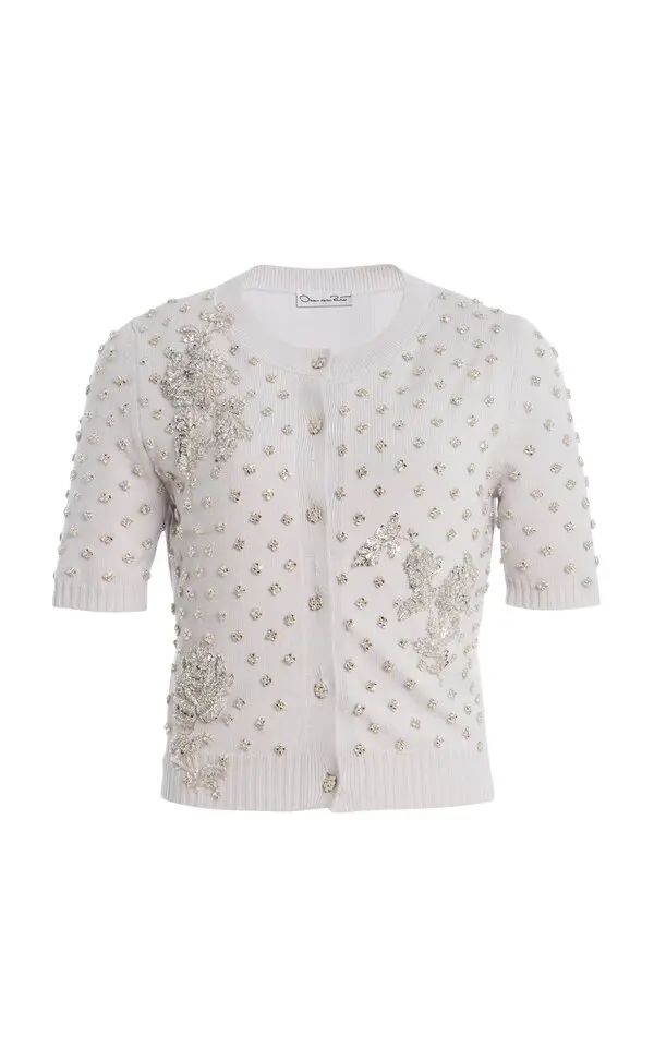 Oscar De La Renta Floral Crystal-embroidered Wool Cardigan - Grey