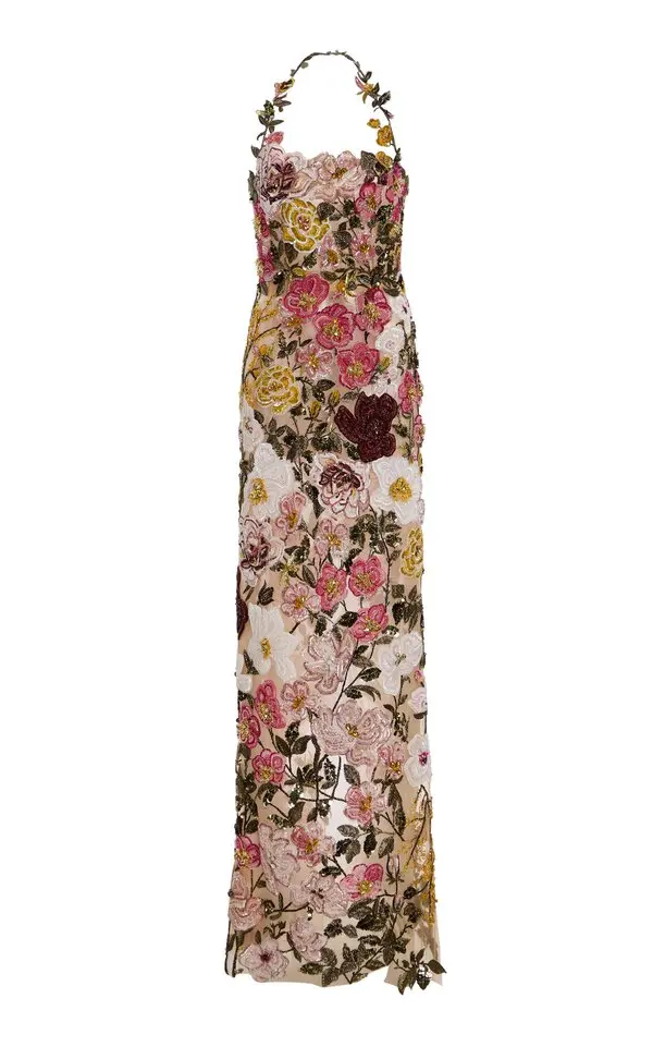 Oscar De La Renta Beaded Embroidered Floral Gown - Multi