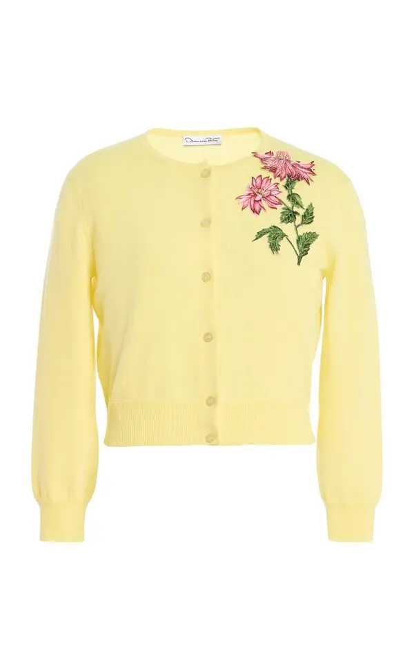 Oscar De La Renta Embroidered Wool Cardigan - Yellow