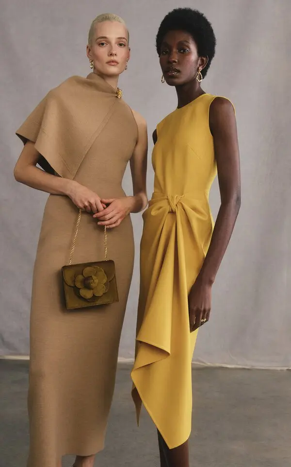 oscar midi dress brown De La Renta Draped-Neck Wool-Blend - My Actual Bust is:Custom Size (Free) ready dress designed with black dress with buttons Long Sleeve Black Dress
