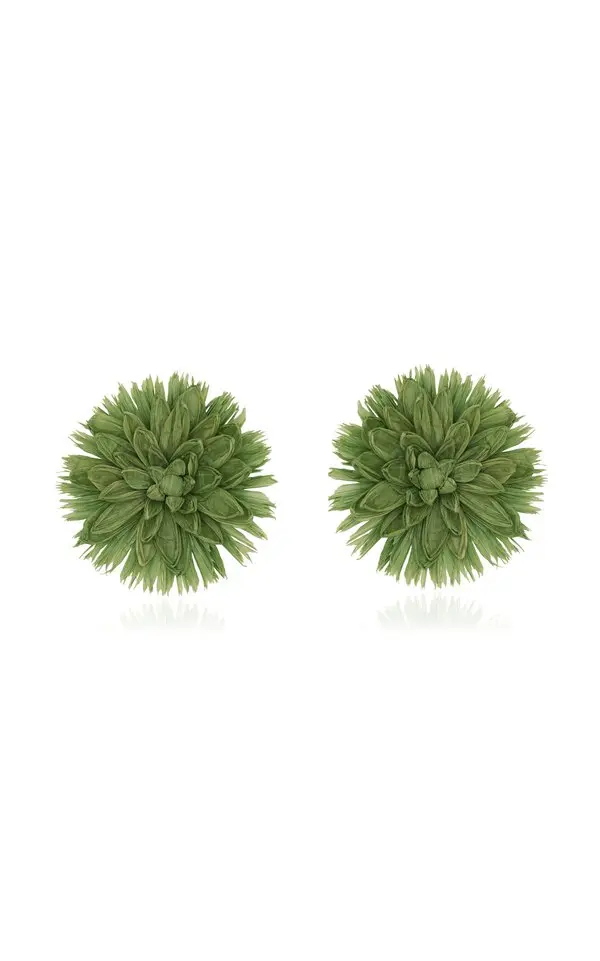 Oscar De La Renta Large Raffia Flower Earrings - Green