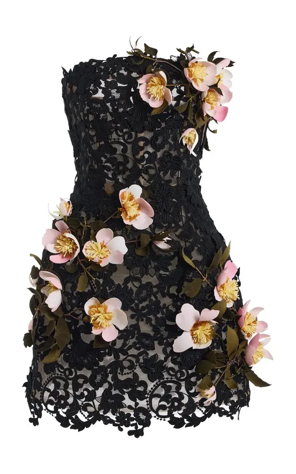 Oscar De La Renta 3d-flower Lace Mini Cocktail Dress - Black