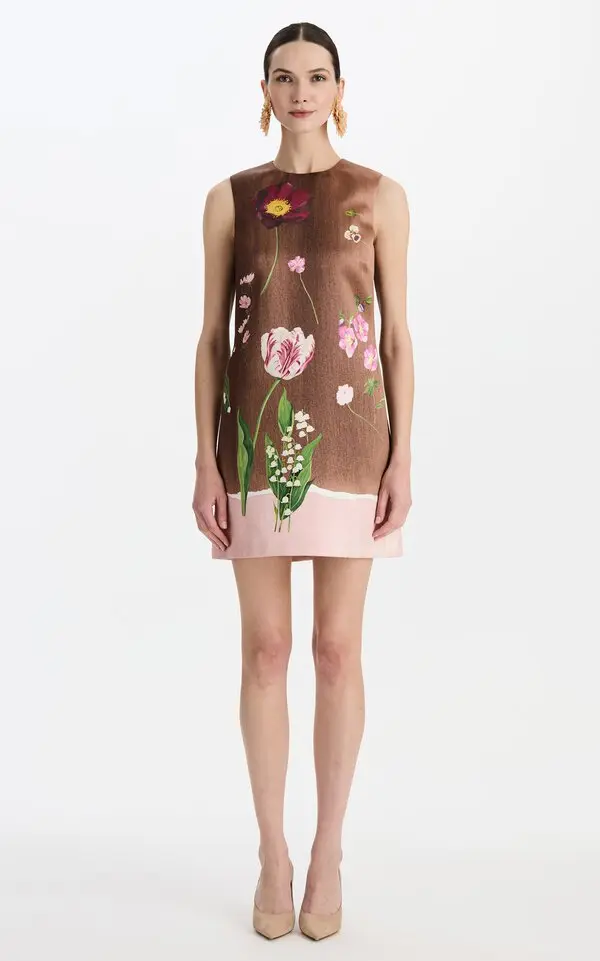 Oscar De La Renta Botanical Satin Mini Dress - Brown
