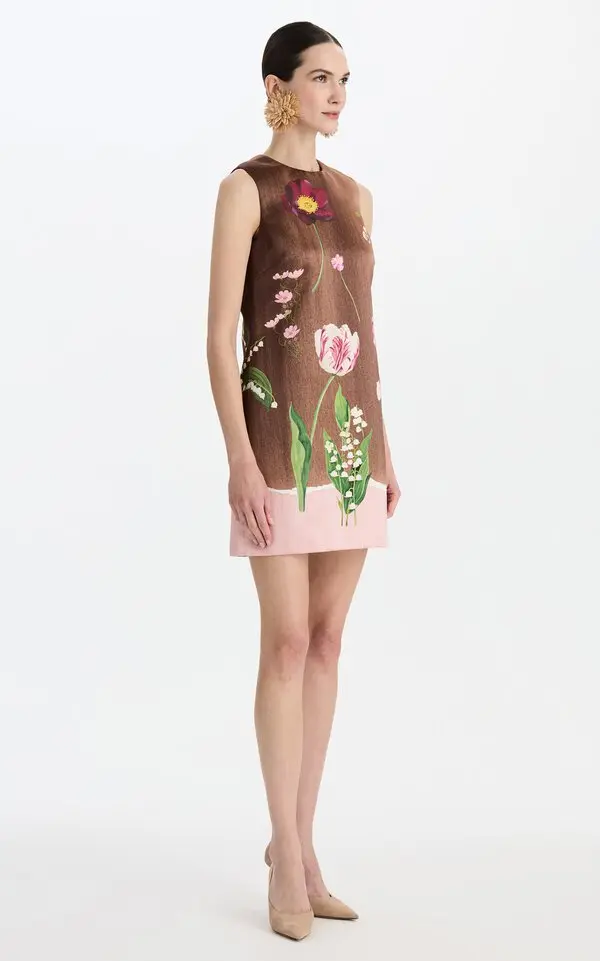 Oscar De La Renta Botanical Satin Mini Dress - Brown