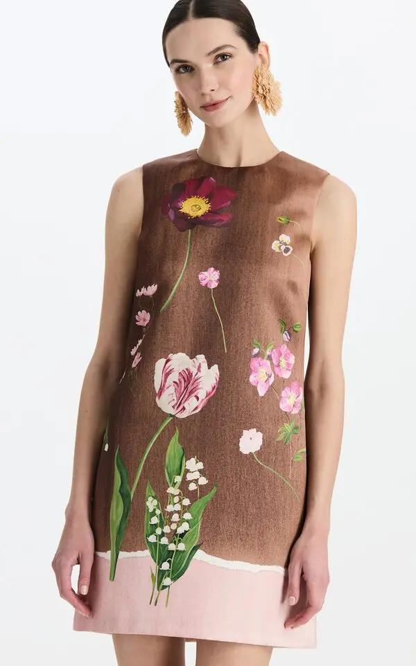 Oscar De La Renta Botanical Satin Mini Dress - Brown