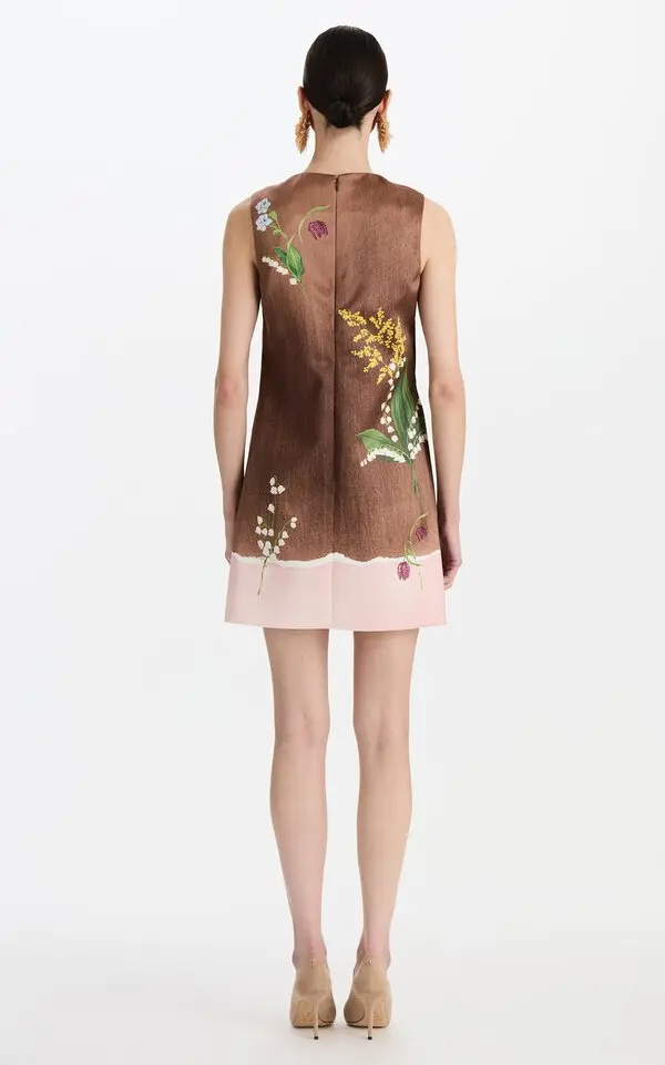 Oscar De La Renta Botanical Satin Mini Dress - Brown