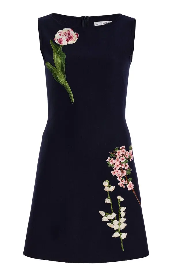 Oscar De La Renta Embroidered Wool Mini Dress - Navy