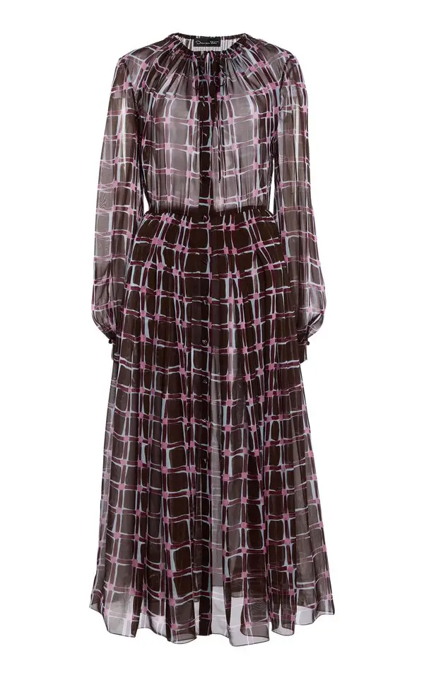 Oscar De La Renta Check-printed Silk-chiffon Midi Dress - Brown