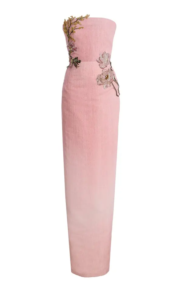 Oscar De La Renta Beaded Florals Faille Gown - Pink