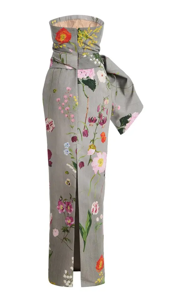 Oscar De La Renta Mixed Botanical Print Faille Column Gown
