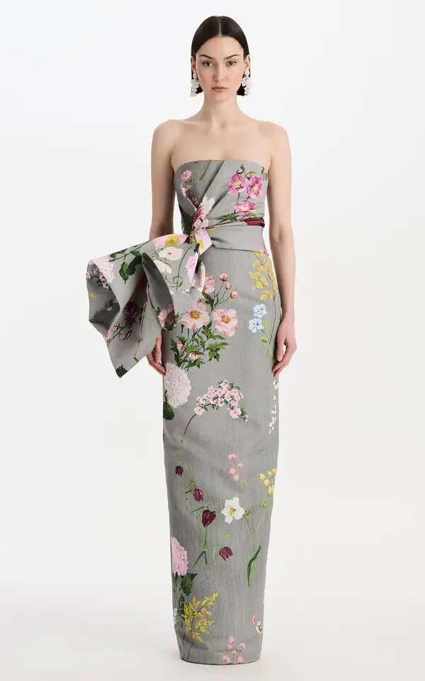 Oscar De La Renta Mixed Botanical Print Faille Column Gown