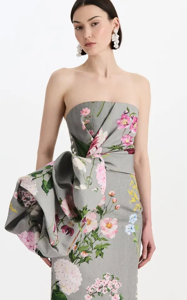 Oscar De La Renta Mixed Botanical Print Faille Column Gown