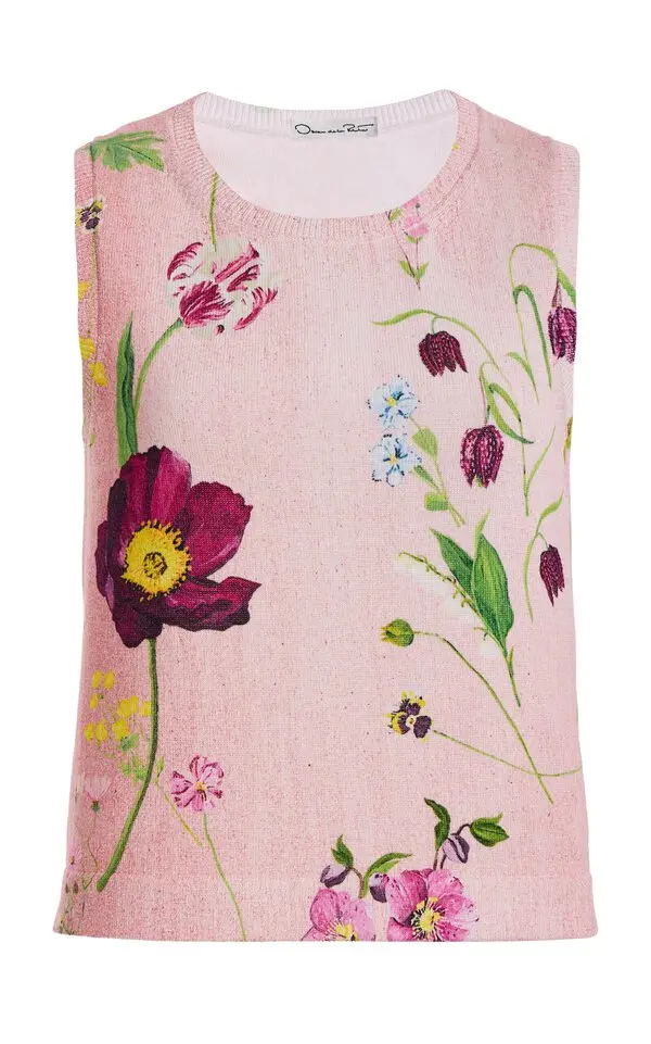 Oscar De La Renta Floral Knit Cotton-blend Tank Top - Pink