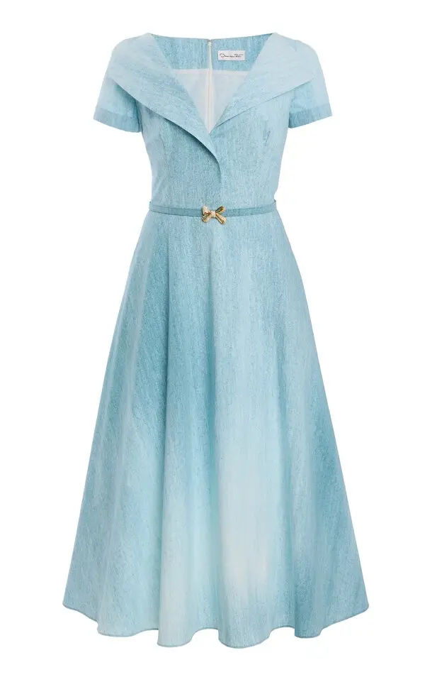 Oscar De La Renta Belted Cotton-poplin Midi Dress - Blue