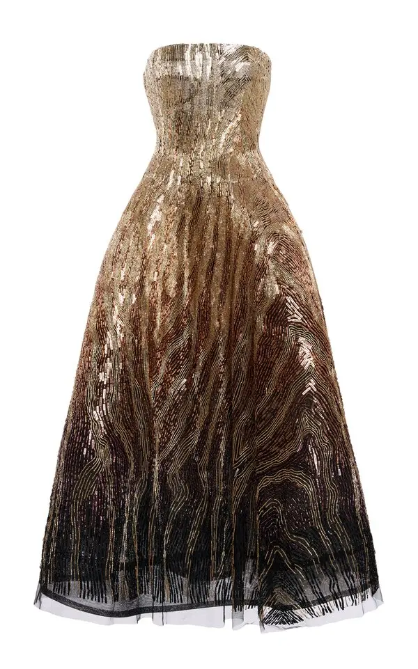Oscar De La Renta Sequined Moire Ombre Maxi Dress - Gold