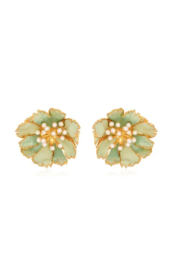 Oscar De La Renta Carnation Enamel Stud Earrings - Green