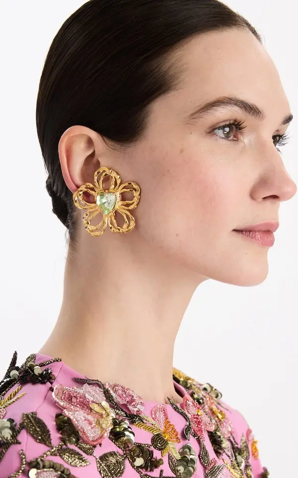 Oscar De La Renta Wire Flower Stone Earrings