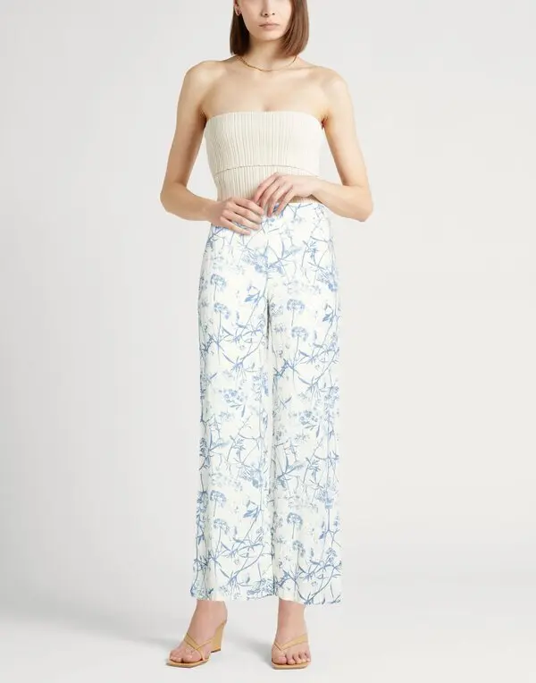 120% Lino Floral Print Linen Wide Leg Pants - Cream