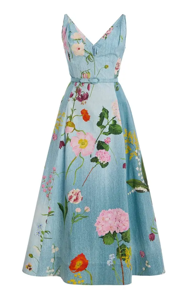 Oscar De La Renta Mixed Botanical Cotton-poplin Midi Dress - Blue