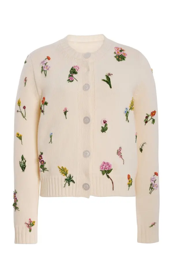 Oscar De La Renta Threadwork Floral Wool Cardigan - Ivory
