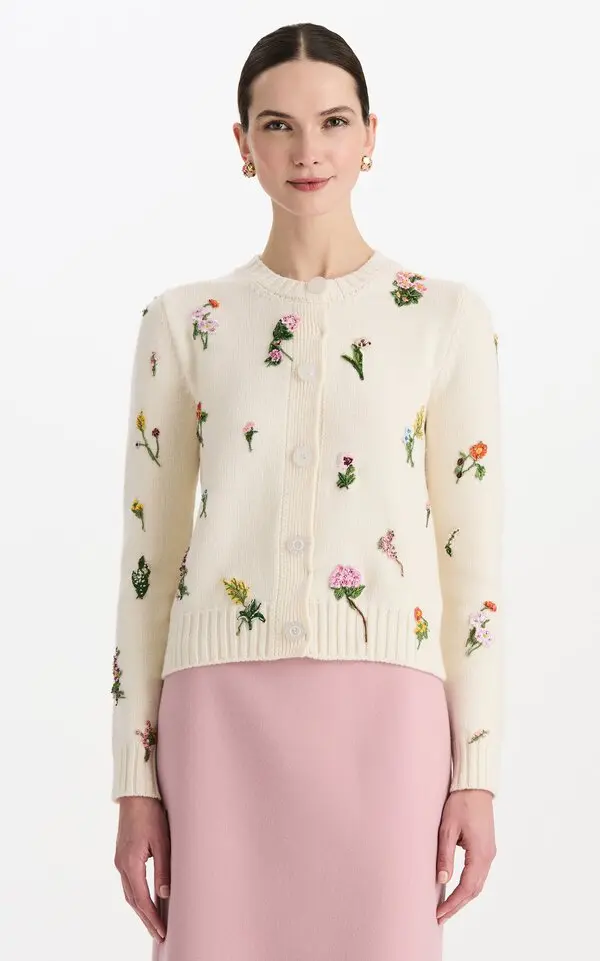 Oscar De La Renta Threadwork Floral Wool Cardigan