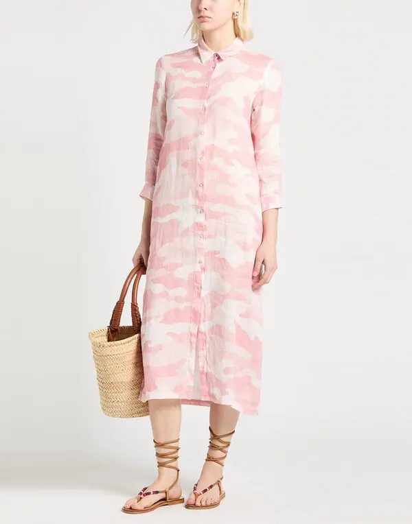 120% Lino Linen Midi Shirt Dress - Pink