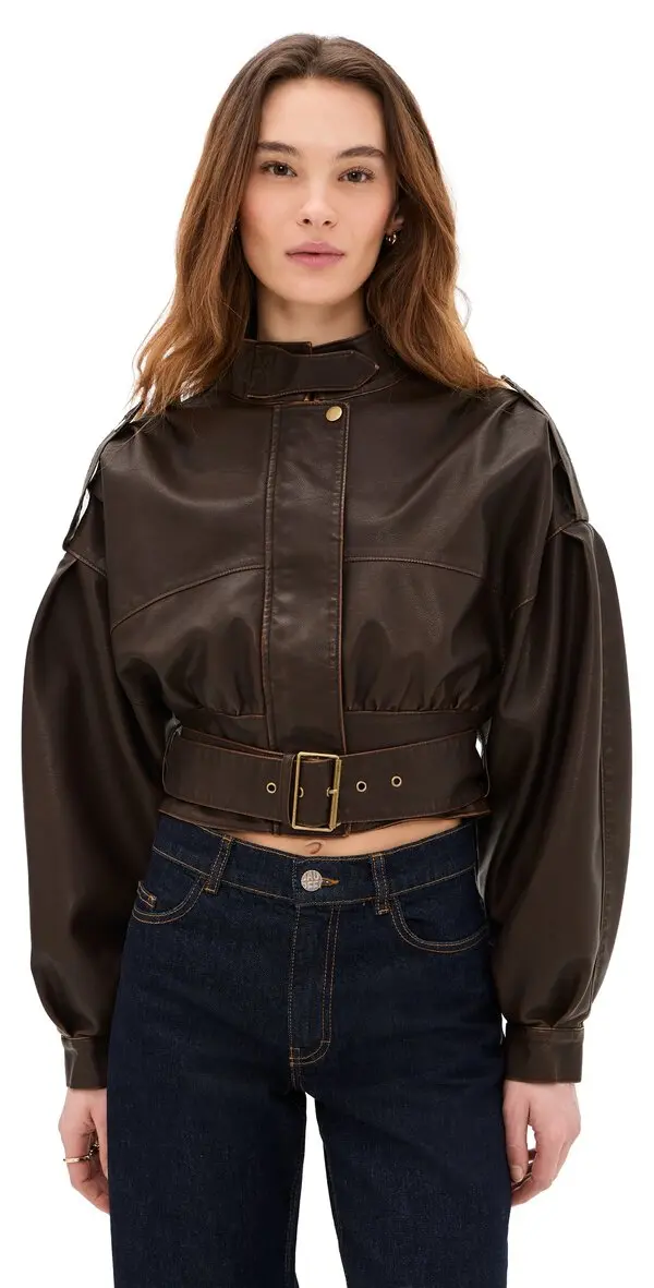 Lioness Gigi Faux Leather Bomber Jacket - Chocolate