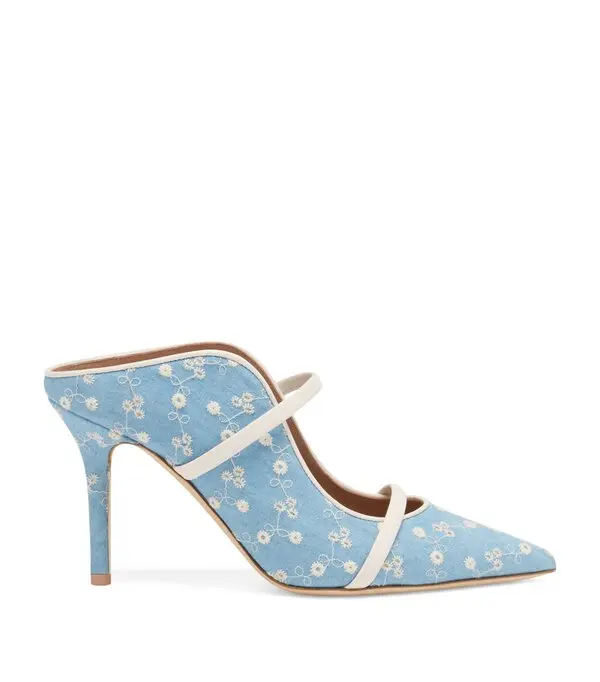 MALONE SOULIERS Denim Floral Maureen Heeled Mules 85 - Blue