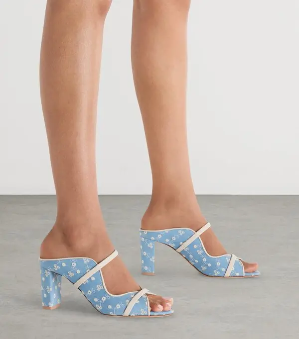 MALONE SOULIERS Norah Floral Denim Heeled Sandals - Blue
