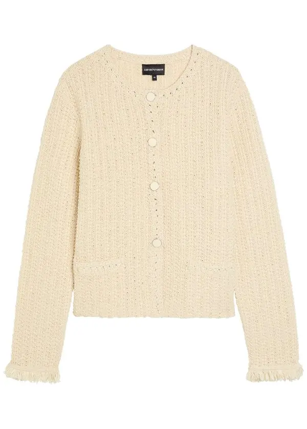 Emporio Armani Fringed Cotton-blend Crochet Cardigan - Cream