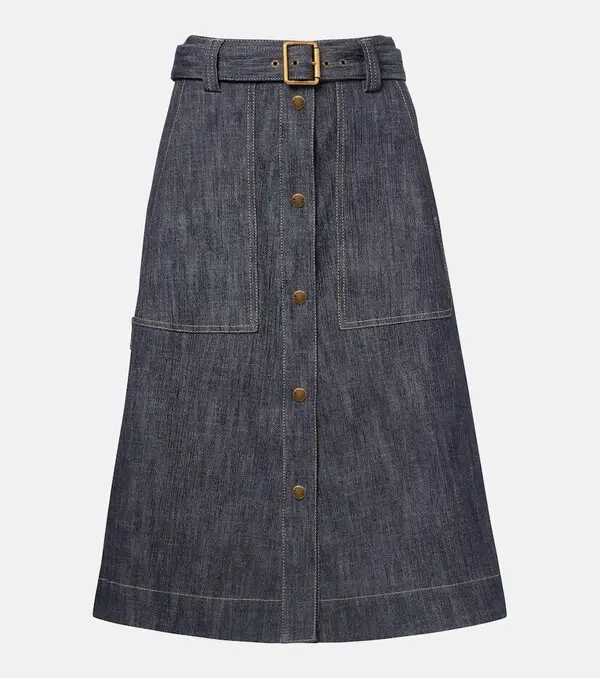 Moncler Belted Denim Midi Skirt - Blue