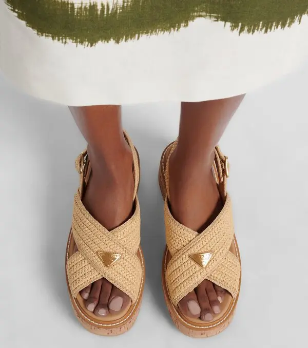 Prada Raffia Slingback Sandals - Beige