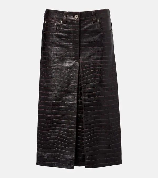 Rabanne Pleated Croc-effect Leather Midi Skirt - Brown