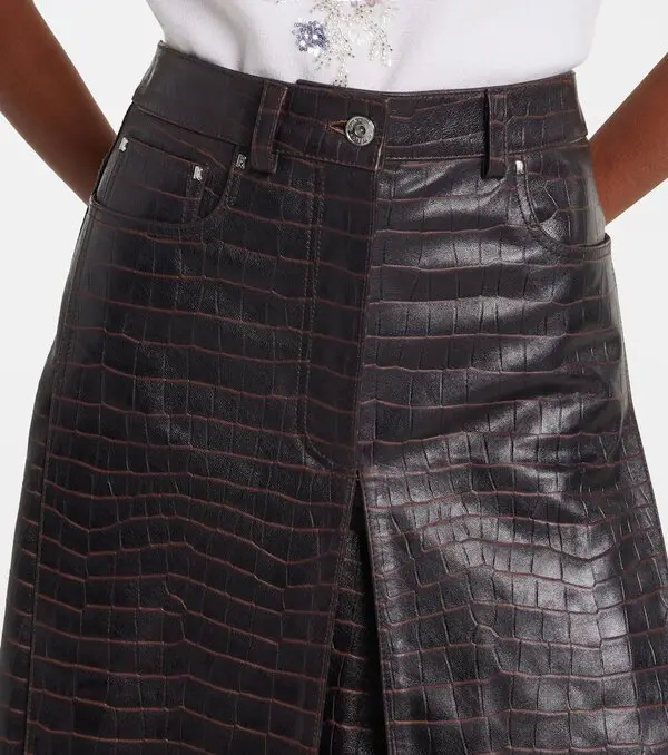 Rabanne Pleated Croc-effect Leather Midi Skirt