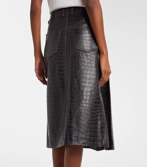 Rabanne Pleated Croc-effect Leather Midi Skirt