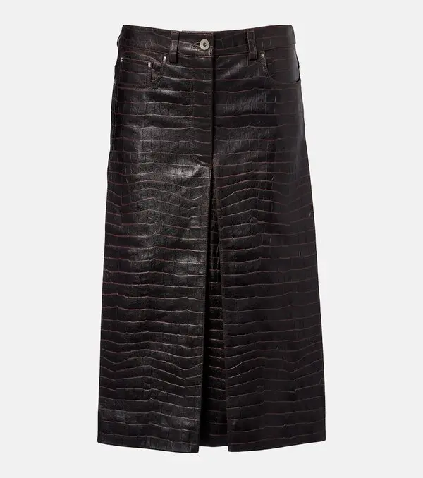 Rabanne Pleated Croc-effect Leather Midi Skirt