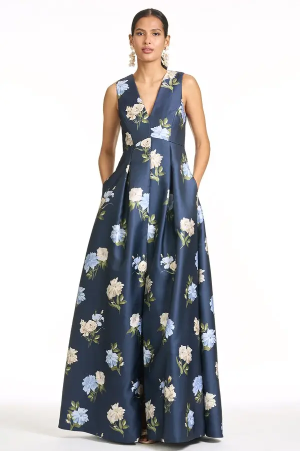 Sachin & Babi Brooklynne Printed Mikado Gown - Maritime Corsage