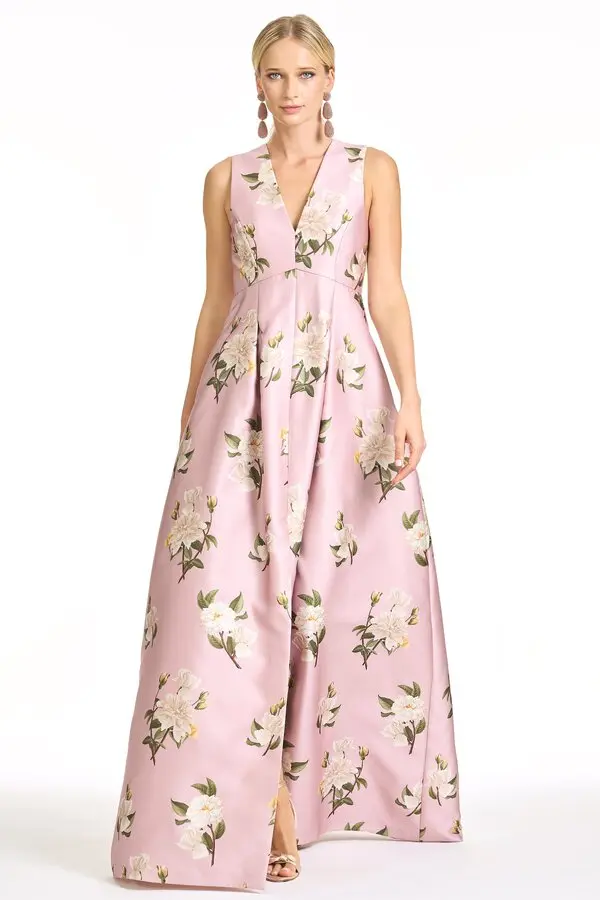 Sachin & Babi Brooklynne Printed Mikado Gown - Rose Quartz Tea Roses