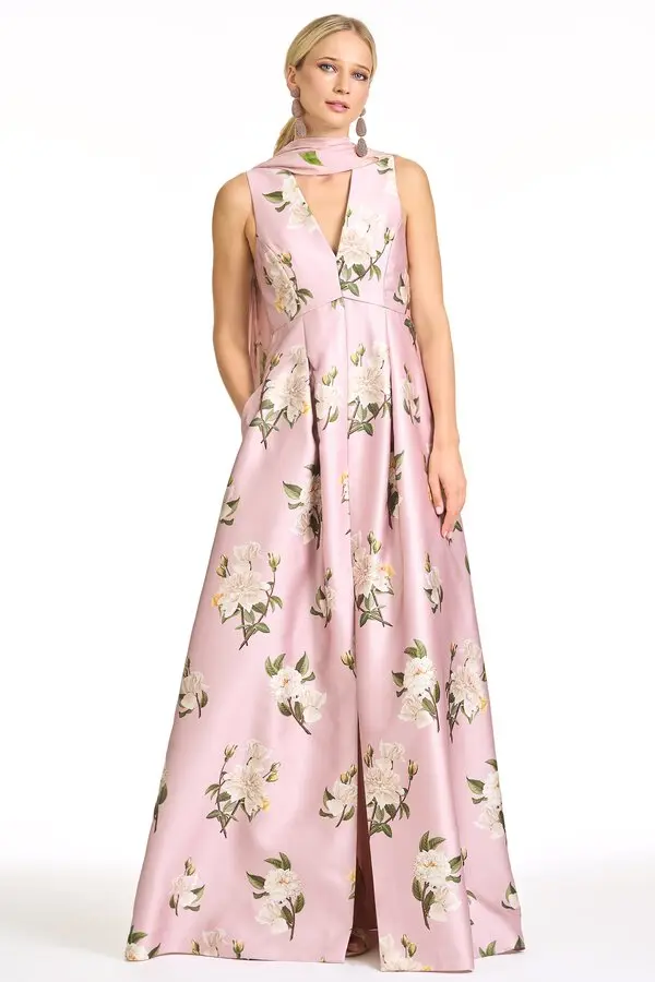 Sachin & Babi Brooklynne Printed Mikado Gown - Rose Quartz Tea Roses