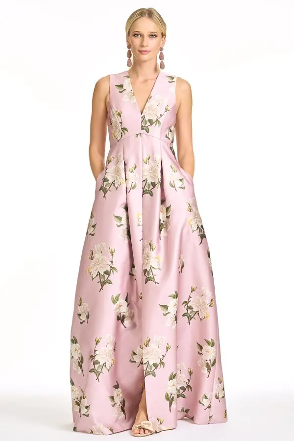 Sachin & Babi Brooklynne Printed Mikado Gown - Rose Quartz Tea Roses