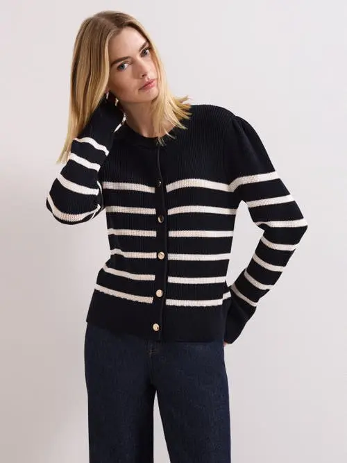 PHASE EIGHT Grace Button-front Round Neck Cardigan - Navy/ivory
